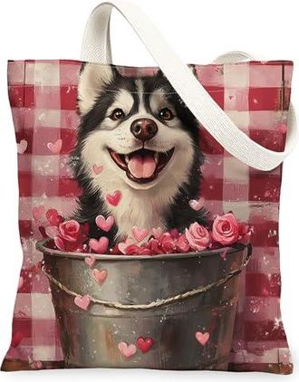 Generic Alaskan Malamutes Sac fourre-tout en toile pour le shopping 33 x 38 cm, sac d&eacute;picerie r&eacute;utilisable pour la Saint-Valentin, sac d&eacute;picerie pour femme, p