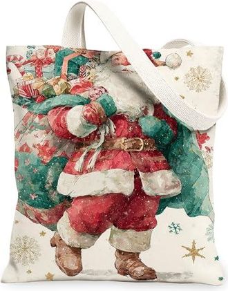 Generic Sacs fourre-tout en toile motif P&egrave;re No&euml;l, sacs de courses r&eacute;utilisables, vintage, festifs, l&eacute;gers et lavables avec bandouli&egrave;re pour cadeau, voyage, &eacute;