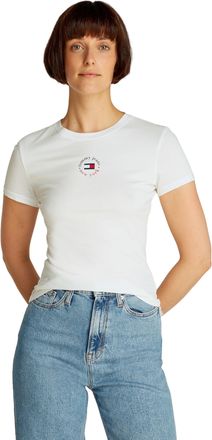Tommy Jeans Damen-T-Shirt, kurzärmelig, mit Essential Logo, schmale Passform, Weiß (Ecru), M