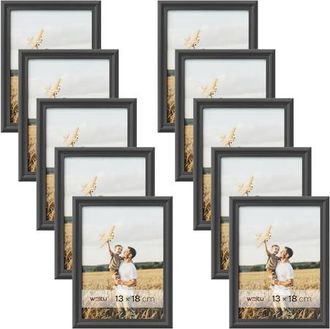 Woltu Lot de 10 Cadre Photo 13x18cm Cadre en Bois Massif avec Passe Partout, Suspendre Horizontalement ou Verticalement, Décoration Murale ou sur Table, Noi