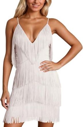 Generico Robe courte style ann&eacute;es 1920 pour femme avec franges multicouches, col en V prononc&eacute; sans manches et pompons Robe avec col en V Prononc&eacute;, blanc, X-La