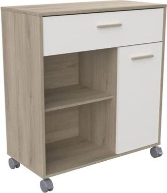 Demeyere Desserte à Roulettes Blanche - Chariot 1 porte 1 tiroir avec Rangement - Idéal Micro-onde - Coloris Chêne et Blanc - 81 x 40 x 89 cm