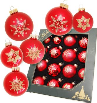 Krebs Glas Lauscha Weihnachtsdekoration/Christbaumschmuck aus Glas - Weihnachtskugeln - Motiv: Rot mit Schneeflocke - 16 St&uuml;ck - Gr&ouml;&szlig;e: 6 mal 5cm - 6 mal 6cm - 4 mal 7cm
