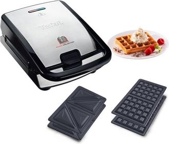 T-fal Appareil à gaufres et croque-monsieur, 2 jeux de plaques inclus, Rangement facile, Nettoyage sans effort, Indicateur de chaleur, Revêtement antiadhési