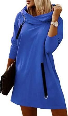 ORANDESIGNE Robe Pull Courte Femme Hiver Chic Sweat &Agrave; Capuche Zipp&eacute; Hoodie Sweatshirt Robe Tunique Manche Longue Hoody Hooded Sweat Bleu XXL