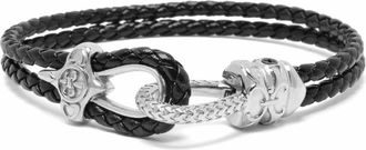 Nialaya Homme, Accessoires, Gris, Taille: 2XL Black Leather Bracelet with Silver Rope Clasp
