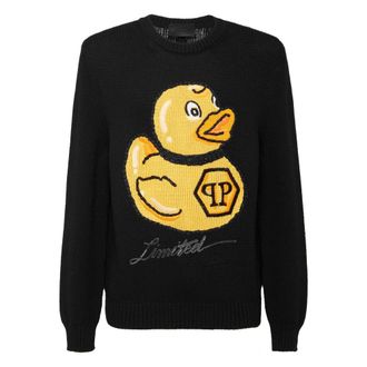 Philipp Plein Wool Blend Pullover Hand Made Embroidery PP Duck - - Knitwear - Herren - Schwarzk - 4XL