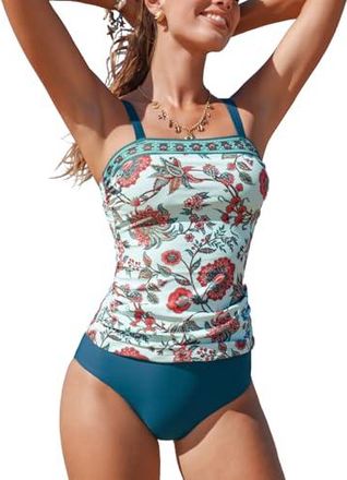 Cupshe Ensemble tankini deux pièces pour femme - Col carré - Bretelles réglables - Maillot de bain froncé, Bleu sarcelle/floral, Taille M