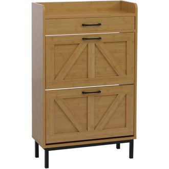 Hhg Schuhkipper HHG-877, Schuhregal Schuhschrank, 2 Kippf&auml;cher Ablage Schublade MDF 95x60x24cm Bambus-Optik
