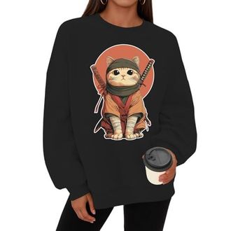Generic Sweat-shirt surdimensionn&eacute; pour femme | Chandail surdimensionn&eacute; &agrave; col rond imprim&eacute; chat japonais, pull tendance, Noir, 3XL