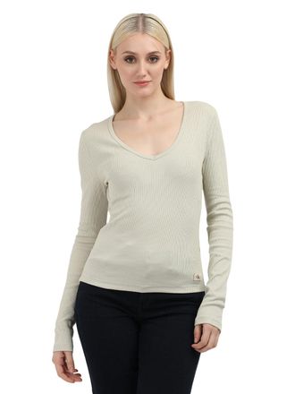Calvin Klein Jeans Damen WOVEN LABEL RIB V-NECK LS J20J224197, Grey (Pelican), XL
