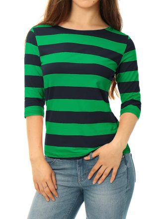 Allegra K Damen Gestreiftes Shirt U Boot Ausschnitt Halbarm Party Ferien Streifen Top Bluse Dunkelgr&uuml;n XL