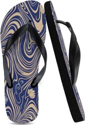 Generic Tongs unisexes pour homme et femme, chaussures de douche, cadeaux pour filles, Bleu Beige Lotus Wave, XX-Large