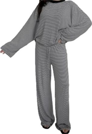 Generic Ensemble pyjama 2 pi&egrave;ces &agrave; rayures surdimensionn&eacute;es &agrave; manches longues pour femme - Jambe large - Confortable et d&eacute;contract&eacute; - Col rond, Noir, M