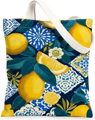 Generic Sacs fourre-tout en toile &agrave; motif floral citron, sacs d&eacute;picerie r&eacute;utilisables, sacs d&eacute;picerie vintage, l&eacute;gers, lavables avec bandouli&egrave;re, jaune, 13x15