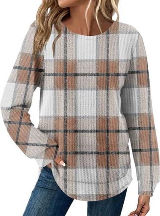 Generic Pull Femme Hiver Chaud col Rond D&eacute;contract&eacute; Jumper Tops Mode Ample Imprim&eacute; &agrave; Carreaux Pull Femme Chic et &eacute;l&eacute;gant Manche Longue Sweatshirts Chameau