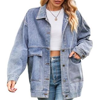 Generic Veste en jean pour femme avec capuche amovible - Style d&eacute;contract&eacute; - Avec boutons - Veste en jean surdimensionn&eacute;e &agrave; manches longues, bleu, XXL