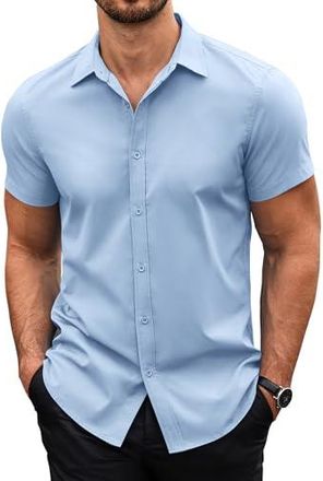 Coofandy Chemise Homme Manches Courtes Chemise Casual Chemise Business Repassage Facile Chemise Dété Regular Fit Chemise Basique Bleu Clair XL