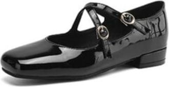 Generic Femmes Mary Jane Chaussures Double Boucle Bout Carré Appartements Cuir Verni Talons Blocs Bas Glisser sur Casual Robe Fête Chaussures De Bureau,Noir,4