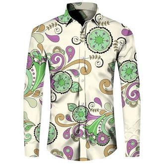 Generic Chemises hawa&iuml;ennes &agrave; manches longues pour homme - Imprim&eacute; floral tropical - Printemps et automne - D&eacute;contract&eacute; - Sans plis - Pour les vacances, la pl