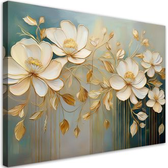 Feeby Leinwand Bilder - Wei&szlig; gemalte Blumen - Canvas 100x70 cm - Deko Wohnzimmer - Wandbilder Schlafzimmer - Deko Aesthetic - Wand Deko - Leinwand Gro&szlig; - De