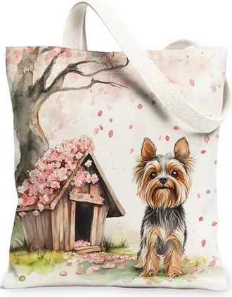 Generic Spring Yorkies Sac fourre-tout en toile r&eacute;utilisable pour faire du shopping 33 x 38,1 cm, sac &agrave; bandouli&egrave;re r&eacute;utilisable pour femme, peinture danimaux