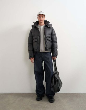 Topman strukturierte Pufferjacke mit abnehmbarer Kapuze in Schwarz