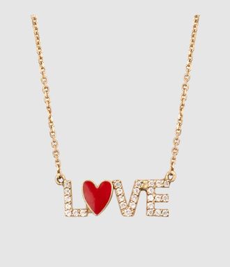 Feidt Paris Collier Love Pavé Saphirs Blancs Coeur Émail Rouge 14 Carats Or Jaune