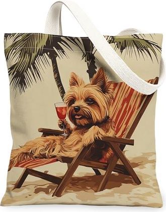 Generic Sac fourre-tout amusant en toile motif Yorkies pour faire du shopping, 33 x 38,1 cm, sac &agrave; bandouli&egrave;re r&eacute;utilisable pour femme, peinture danimaux dome