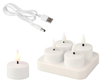 Lumineo LED Teelichter 4cm Kunststoff - 4er Set Elektrische Teelicht Kerzen mit Ladestation - batteriebetrieben & &uuml;ber USB aufladbar - Teelichtkerzen flackern