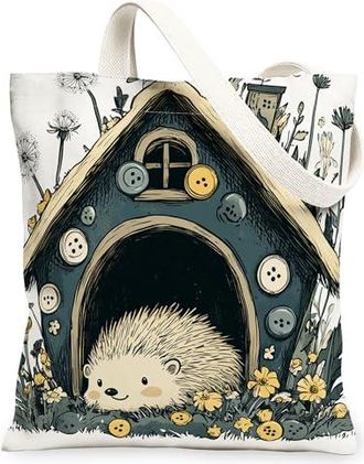 Generic Sac fourre-tout en toile avec motif h&eacute;risson printanier pour faire du shopping, 33 x 38,1 cm, maison amusante et r&eacute;utilisable, motif imprim&eacute; floral sa