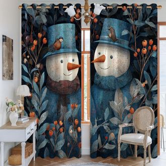 Generic Verdunklungsvorh&auml;nge, Schneemann-Verdunkelungsvorh&auml;nge, Winter, Fantasie, Vogelbl&auml;tter, Winter, blau, faltenfrei, Muster, bedruckte Fenstervorh&auml;nge f&uuml;