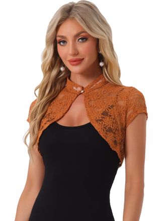 Allegra K Damen Sommer Spitze Bolero Strickjacke Kurzarm Hochzeit Leicht Elegante Festlich J&auml;ckchen f&uuml;r Abendkleid Karamell XL