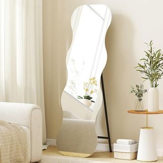 HOMCOM Ganzk&ouml;rperspiegel 160 x 50 cm unregelm&auml;&szlig;ig gewellter rahmenloser Standspiegel mit Holzsockel, zum Anlehnen, Stehen, Spiegel f&uuml;r Wohnzimmer, Schlafzimm