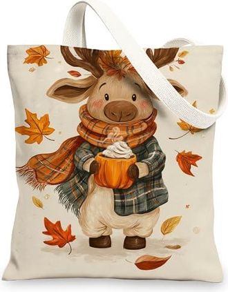 Generic Sacs fourre-tout en toile motif animal dautomne, sacs à provisions réutilisables, légers et lavables pour les voyages, beige, 13x15 Inch