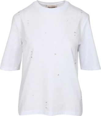 Semicouture Femme, Tops, Blanc, Taille: 40 FR T-shirt ras du cou orn&eacute; de cristaux