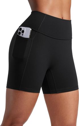 CRZ YOGA Damen Secretsculpt Butterlift Hohe Taille Scrunch Butt Biker mit Taschen Keine Vordernaht Workout Booty Push Up Shorts - 13cm Schwarz 40