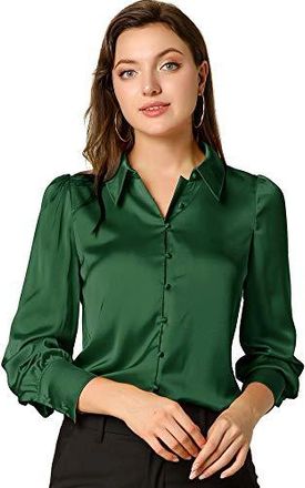 Allegra K Chemise Femme en Satin Col Rabattu & Manches Bouffantes Style Vintage pour Bureau et Soirée Vert M