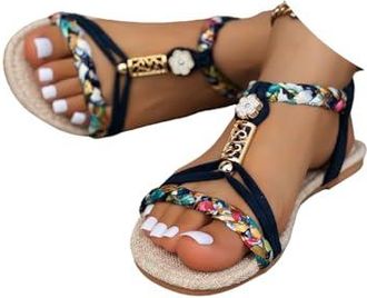 Generic Sandales boh&egrave;me pour femme 2026 - Chaussures plates d&eacute;t&eacute; habill&eacute;es avec sangle de cheville &eacute;lastique - Chaussures de plage antid&eacute;rapantes - Confortabl