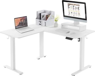 Woltu Eckschreibtisch Höhenverstellbar, L-Form Elektrisch Schreibtisch Weiß, 4 Memory-Positionen, Monitorständer & Kopfhörerhalter, 140×120 cm