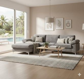 Concept Usine | Canapé dangle en Velours 4-5 Places | Design Galway Gris | Largeur 262 cm | Angle Gauche | Confort Ultra Luxueux | Structure Bois Robuste | Pieds Mé