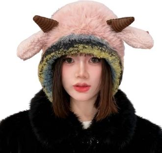 Generic Bonnet animal - Doux et extensible - Bonnet en peluche avec oreilles de mouton - Pour adolescents, adultes, femmes, trajets scolaires, voyages, cyclis