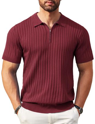 Coofandy Poloshirt Herren Kurzarm Golf Polohemd mit Rei&szlig;verschluss Strick Slim Fit Sport M&auml;nner Polos Weinrot XXXL