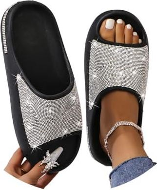 Onsoyours Chaussons Femme Paillettes Strass Sandales De Plage Confortable Plates Chaussons DÉté Pantoufles Chaussure De Plage A Noir 38 EU