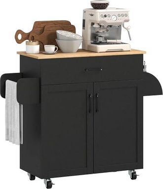 HOMCOM Dessert &icirc;lot de Cuisine Multi-rangements 1 tiroirs 1 Placard 2 Portes avec &eacute;tag&egrave;re r&eacute;glable Porte-torchons et Porte-&eacute;pices - Bois Noir