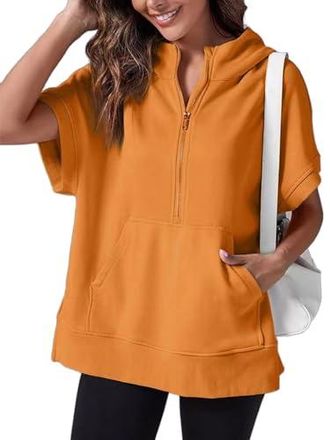 Generic Sweat &agrave; capuche d&eacute;contract&eacute; &agrave; manches courtes pour femme, coupe d&eacute;contract&eacute;e, demi-fermeture &eacute;clair avec poches, bleu marine, taille S pour usage quot
