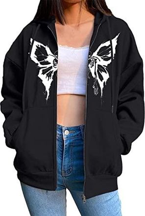 Generic Vestes pour femmes 2026 &agrave; capuche imprim&eacute; gothique avec cordon de serrage et poche zipp&eacute;e &agrave; manches longues, manteau ample pour adolescentes, Noir, 3X