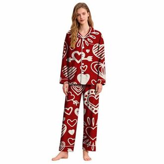 Generic Ensemble de v&ecirc;tements de nuit en satin de soie pour femme - Imprim&eacute; coeur - Pyjama &agrave; manches longues et pantalon - Ensemble 2 pi&egrave;ces - V&ecirc;tement de d&eacute;t