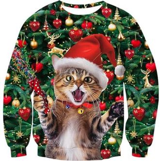 Generic Pull de No&euml;l pour homme amusant avec motif chats imprim&eacute;s - Pull de No&euml;l moche &agrave; manches longues - Col rond - Pull dhiver chaud pour les vacances, C-r
