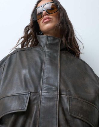 Asos Oversize-Bomberjacke aus echtem Leder in verwaschenem Braun